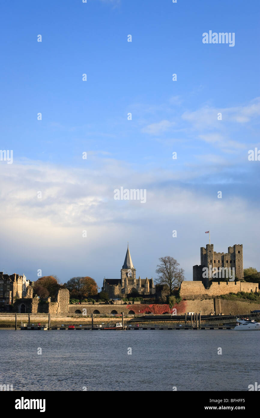 Rochester cathedral and castle viewed across the river Medway, Kent ...