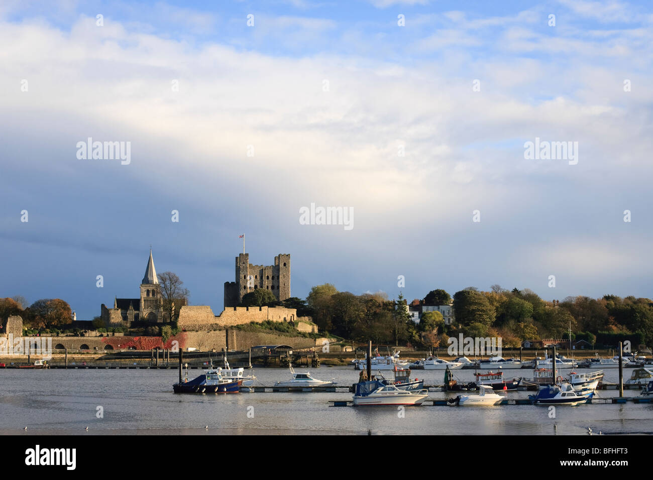 Rochester cathedral and castle viewed across the river Medway, Kent ...