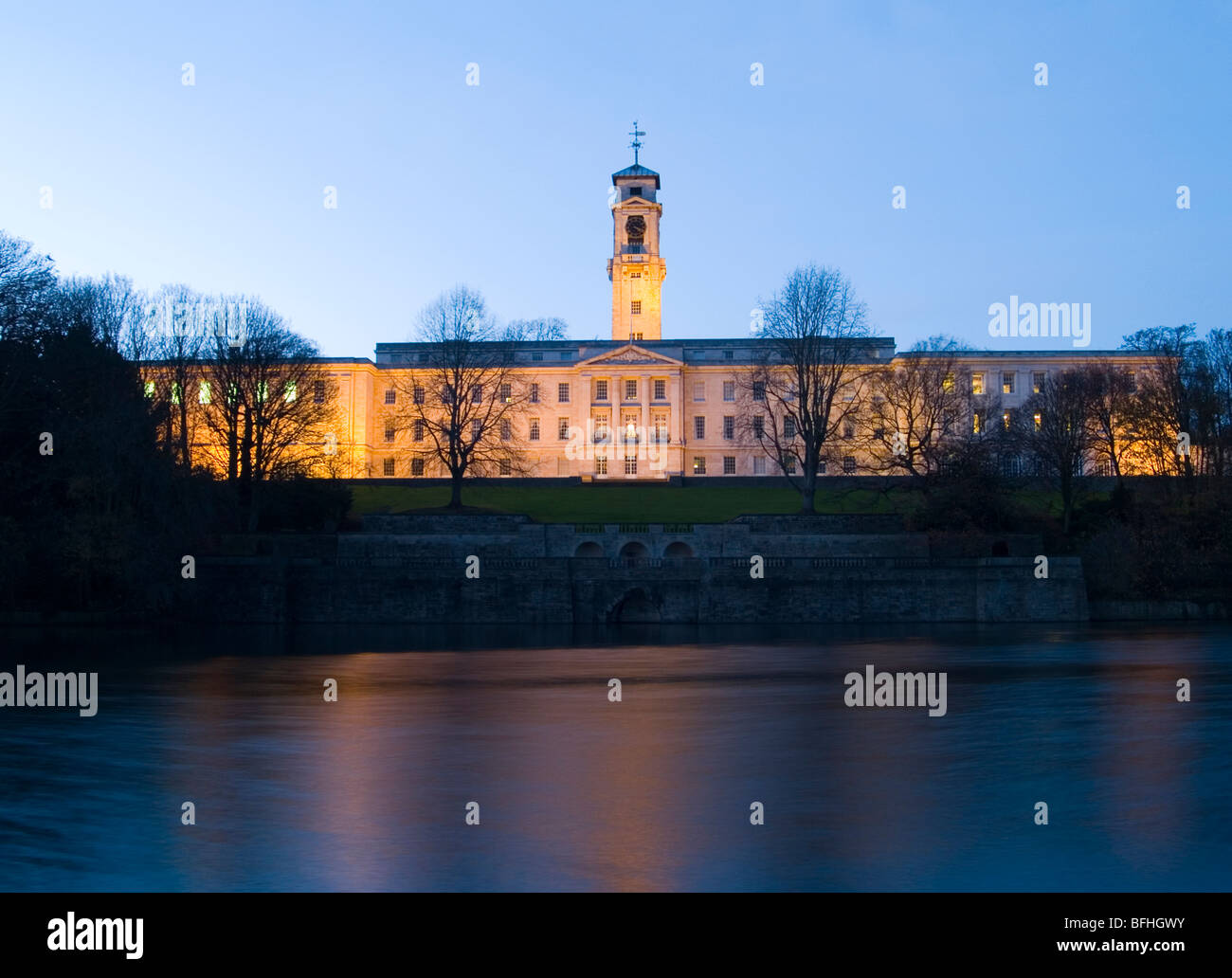 The Trent Building lit up at at dusk at Highfields Park in Nottingham ...