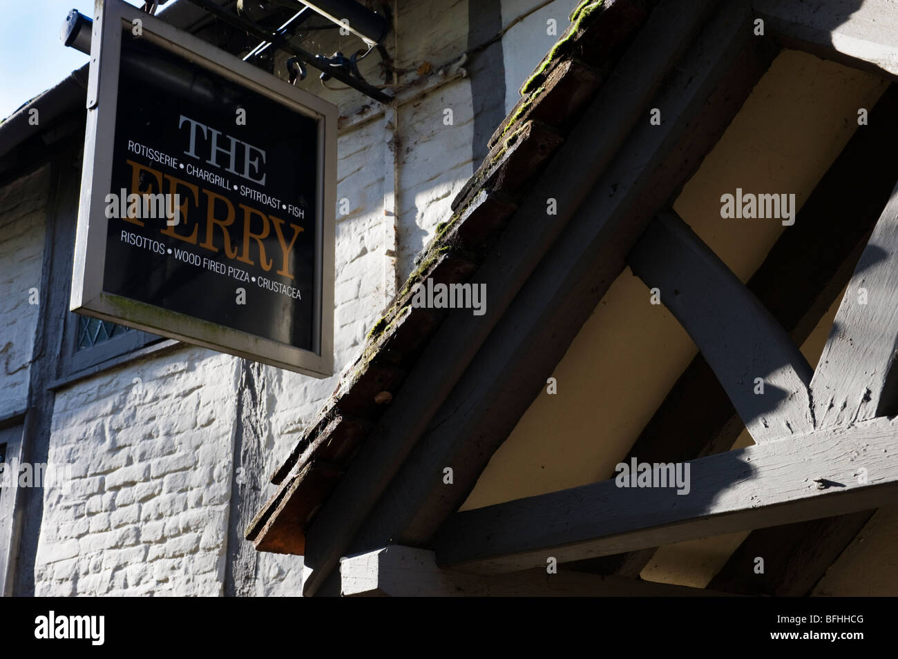 Hanging sign outside the timbered building of The Ferry a pub ...