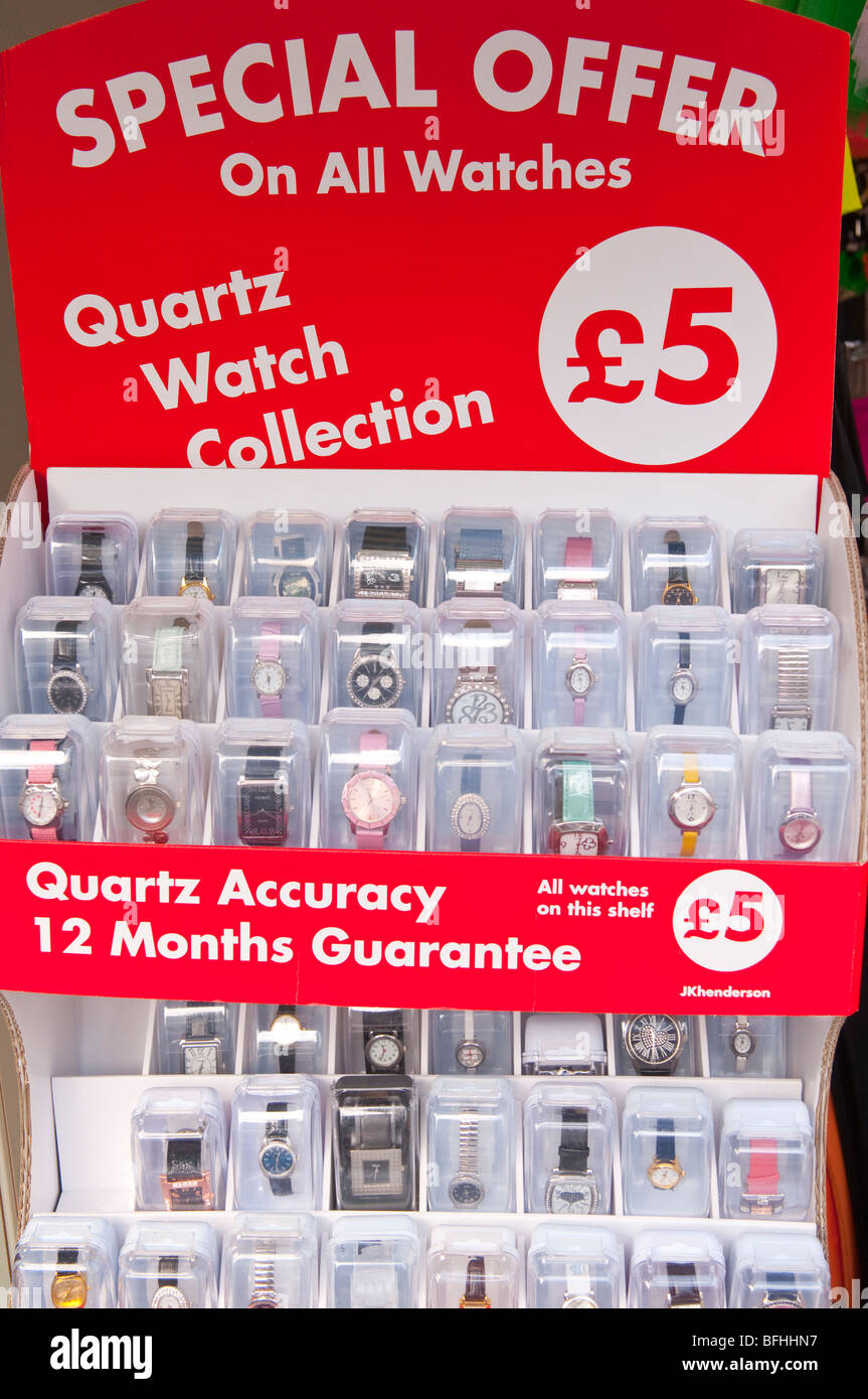 A sign advertising £5 watches on a market stall in Norwich,Norfolk,Uk ...
