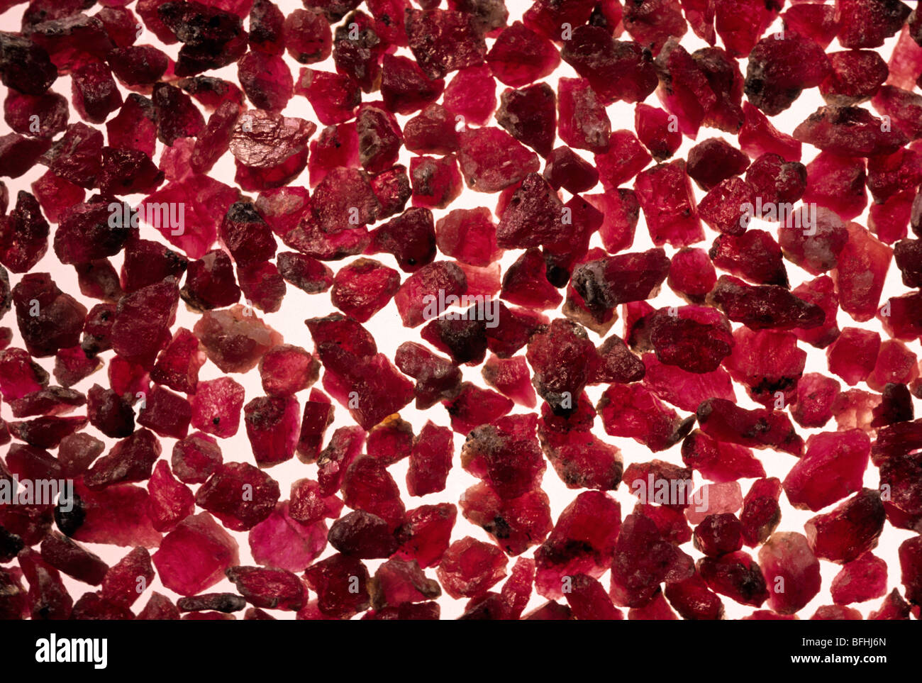 Rough-cut rubies. Gems. Gemstones. Red. A variety of the mineral ...
