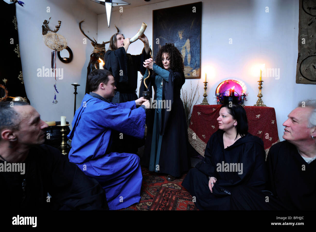 Tony Jameson sounds a horn at a Druids gathering of The Dolmen Grove in ...