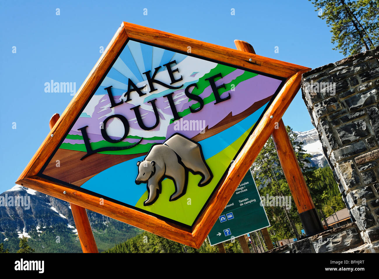 Road sign at the entrance of the Lake Louise Village located in the ...