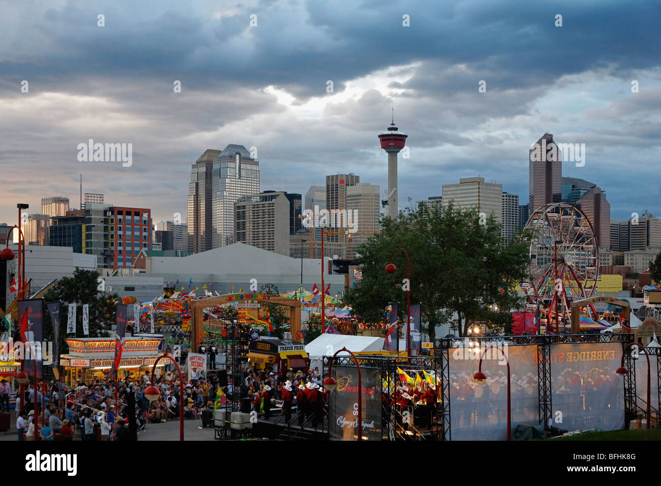 Fairgrounds at the Calgary Stampede with the cities skyscrapers over ...