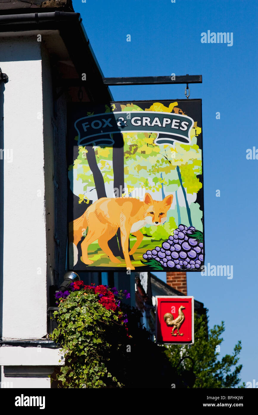 Fox and grapes pub sign and blue sky with rooster sign Stock Photo - Alamy