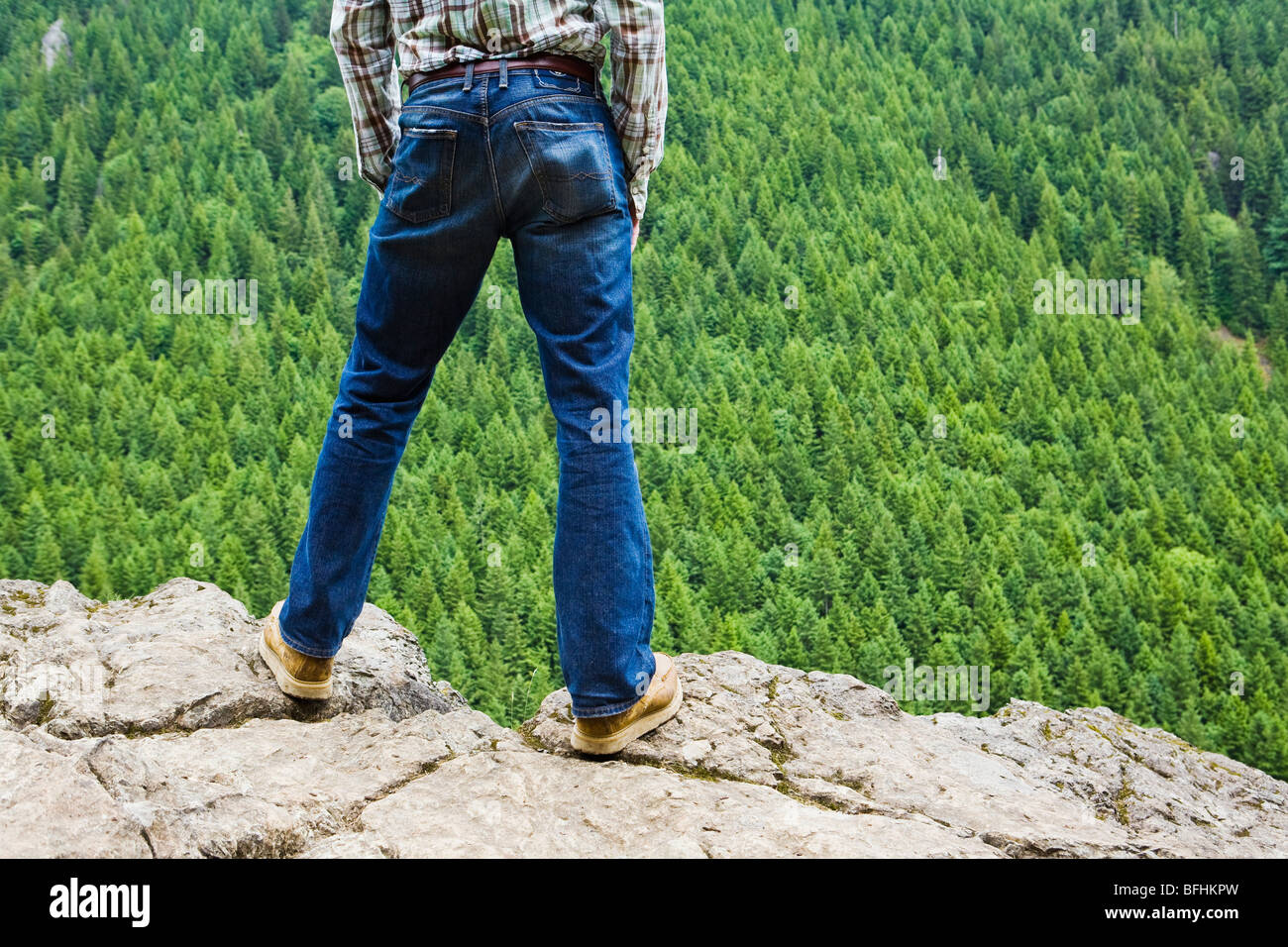 A man standing on a rock ledge looking out over a large forested ...