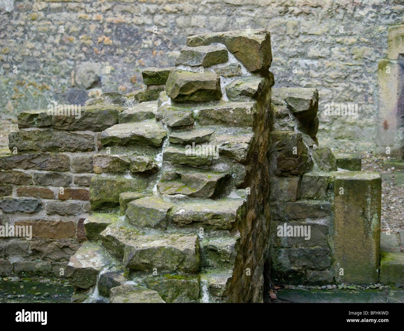 A stone wall in the foundations of Bolsover Castle, Derbyshire England ...