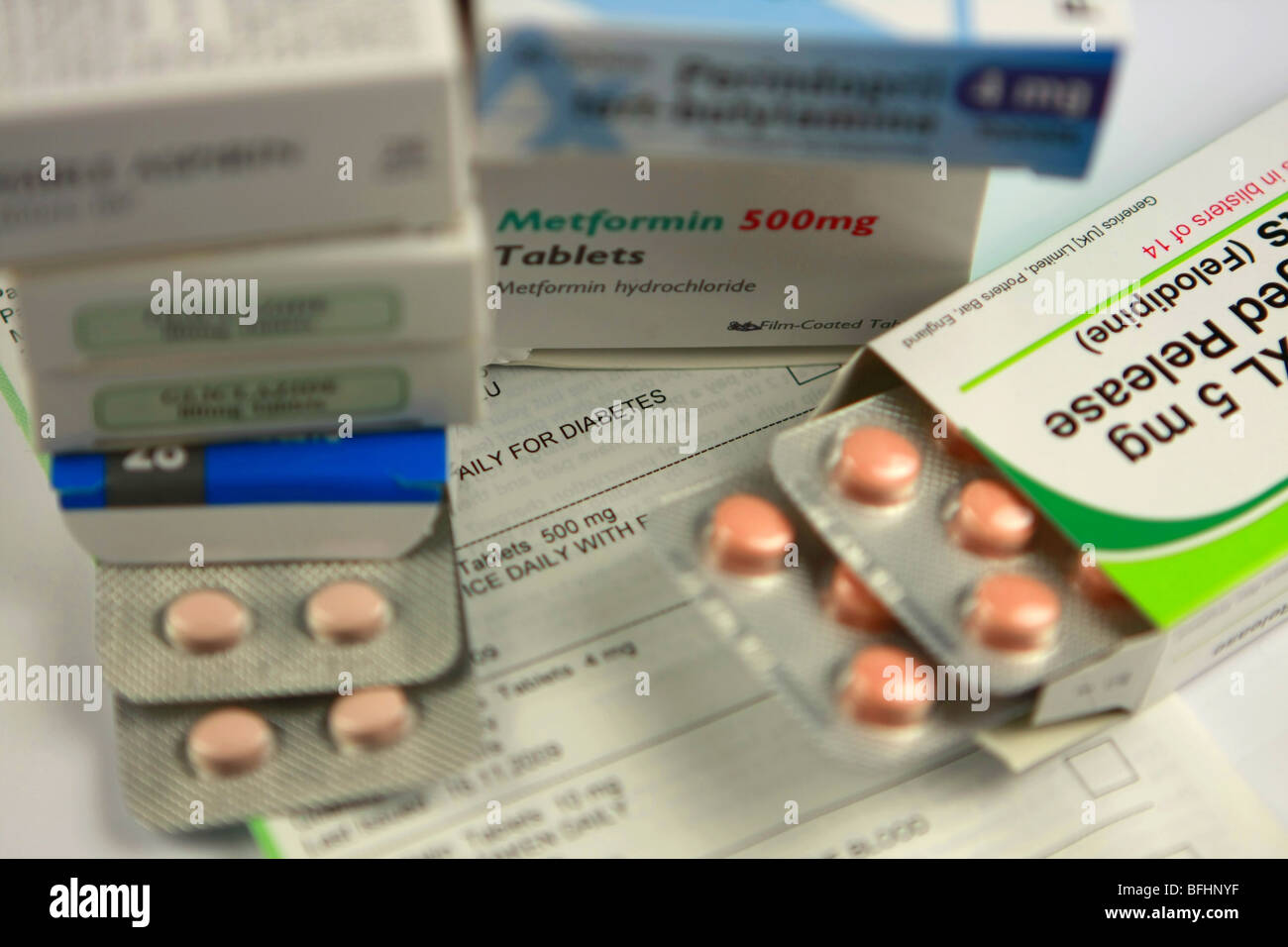 boxes of diabetic tablets and prescription with parts of blister packs ...