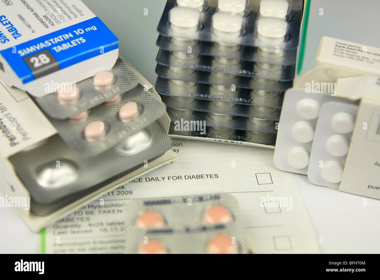 Boxes and blister packs of diabetic tablets around a prescription Stock ...