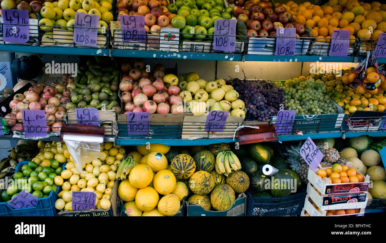 Fruit stall outside grocers shop in Green Lanes North London Stock ...