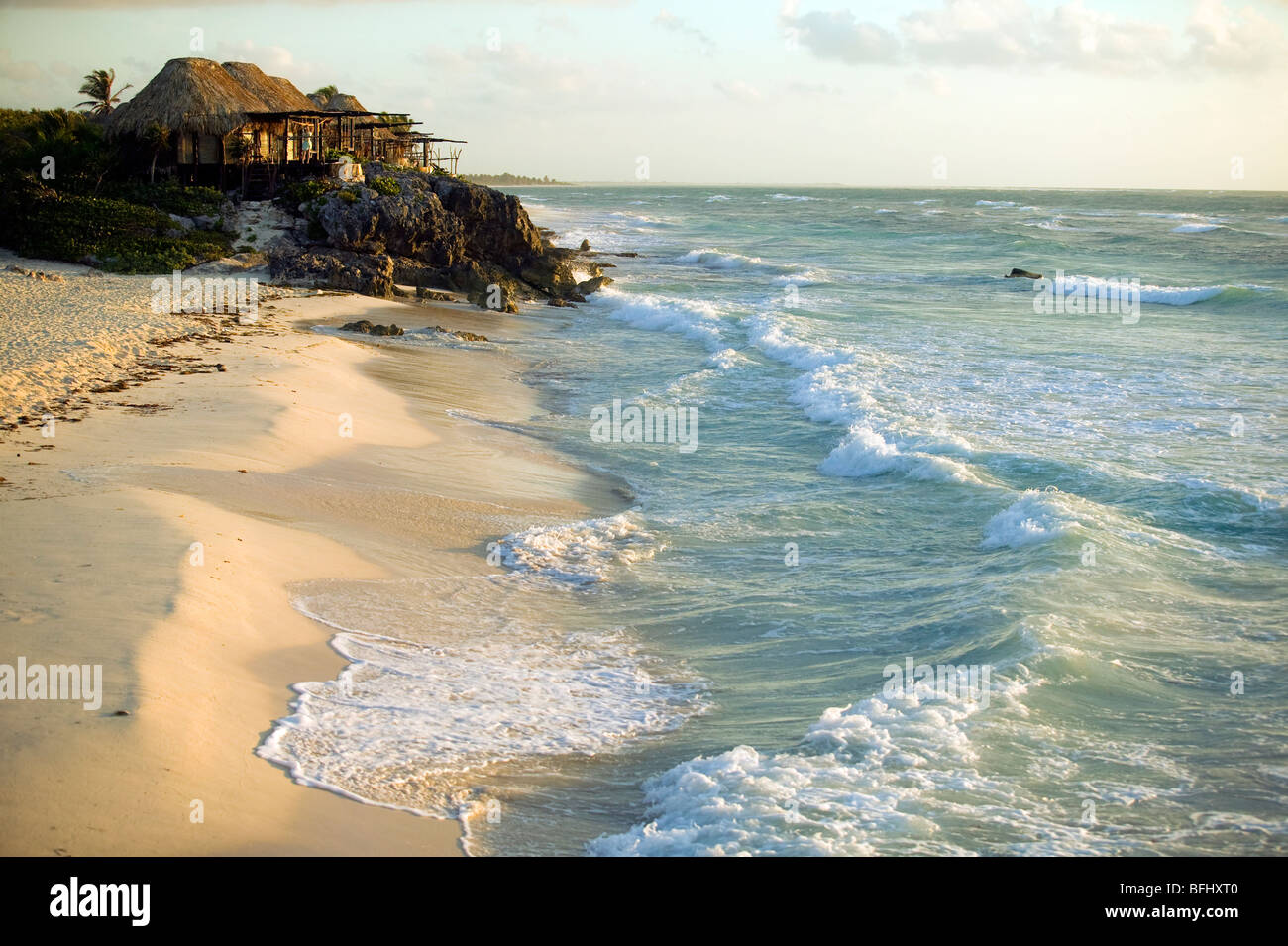 Resort hut on the coastline, overlooking the beach, Mexico Stock Photo ...