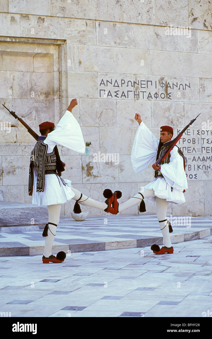 Evzone Guards marching in front of Parliament Building, Syntagma Square ...