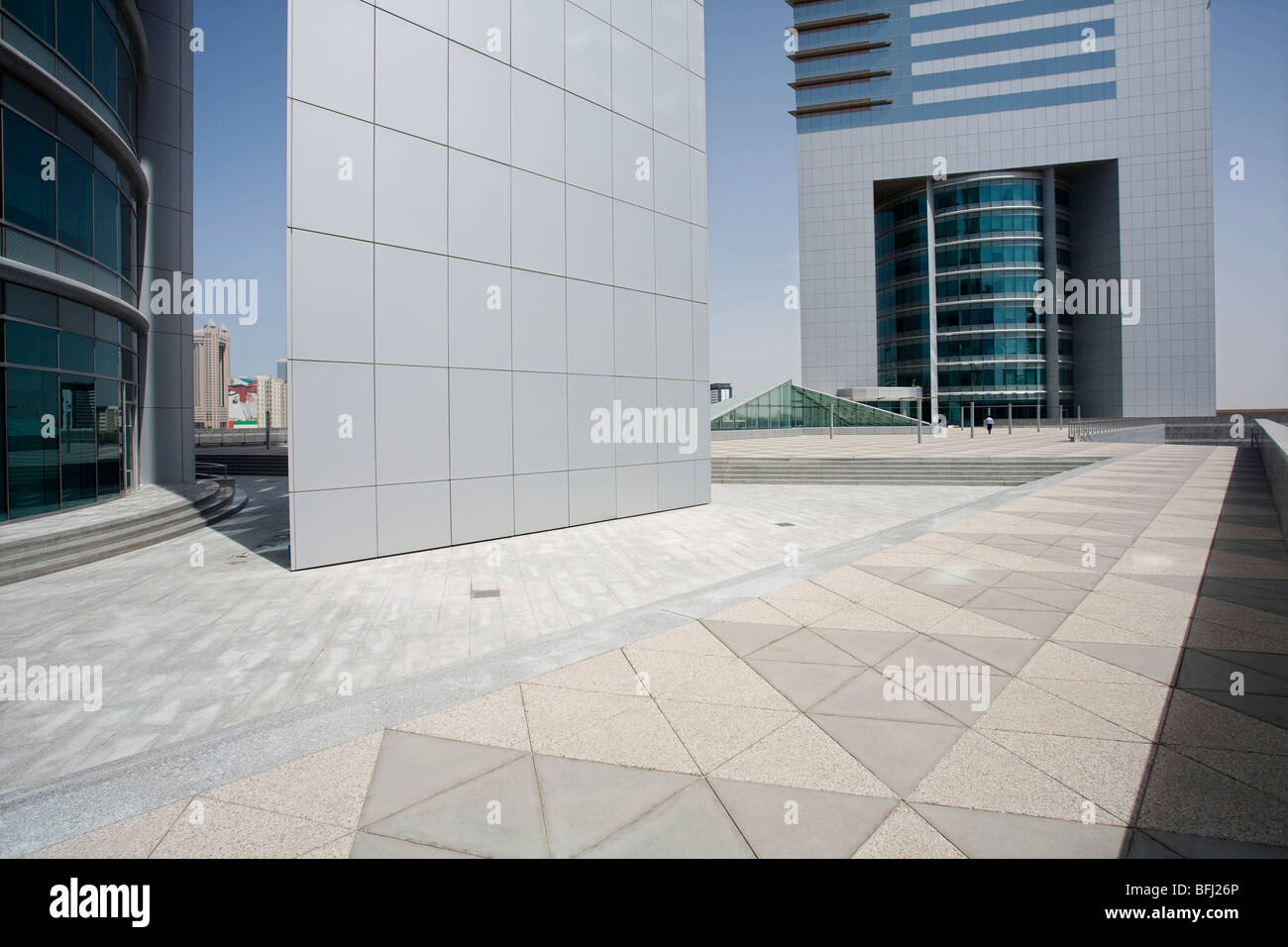 Dubai, UAE, Architectural detail of Emirates Towers plaza on Sheikh ...