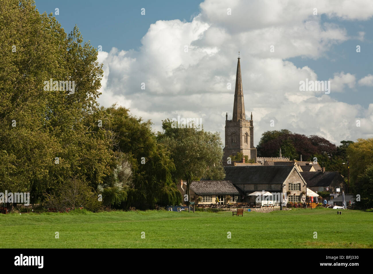 The Riverside Pub and St Lawrence Church from Riverside Park, Lechlade ...