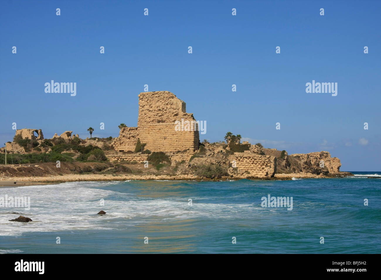 Israel, Carmel coast. Crusader fortress Chateau Pelerin in Atlit Stock ...