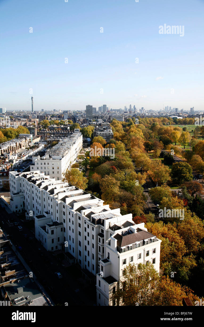 Aerial view over Hyde Park and Bayswater towards West End and the City ...