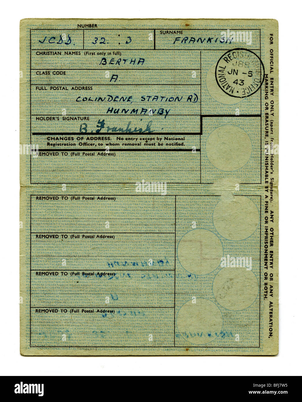 BRITISH NATIONAL REGISTRATION Identity Card dated 1943 Stock Photo - Alamy