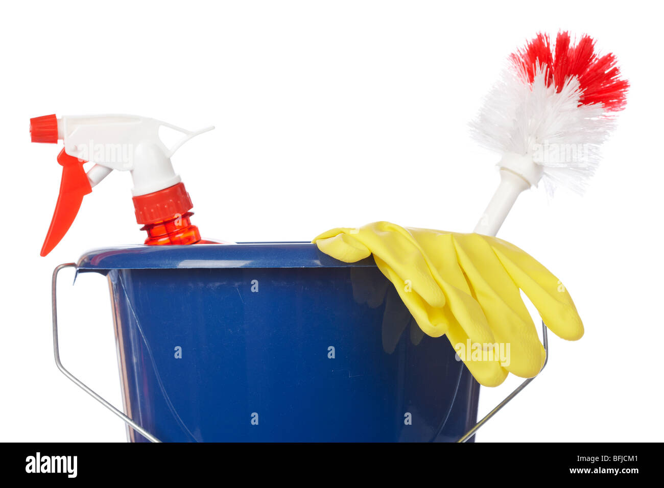 Cleaning tools in a plastic bucket over a white background. Shallow ...