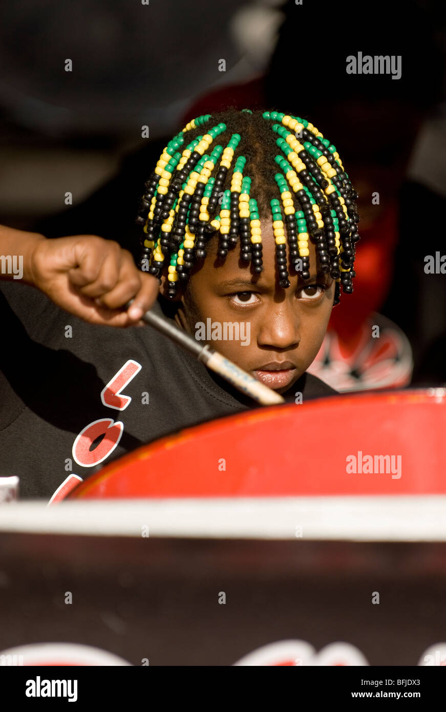 Steel-drummer from the London Allstars Steelband playing steel drum at ...