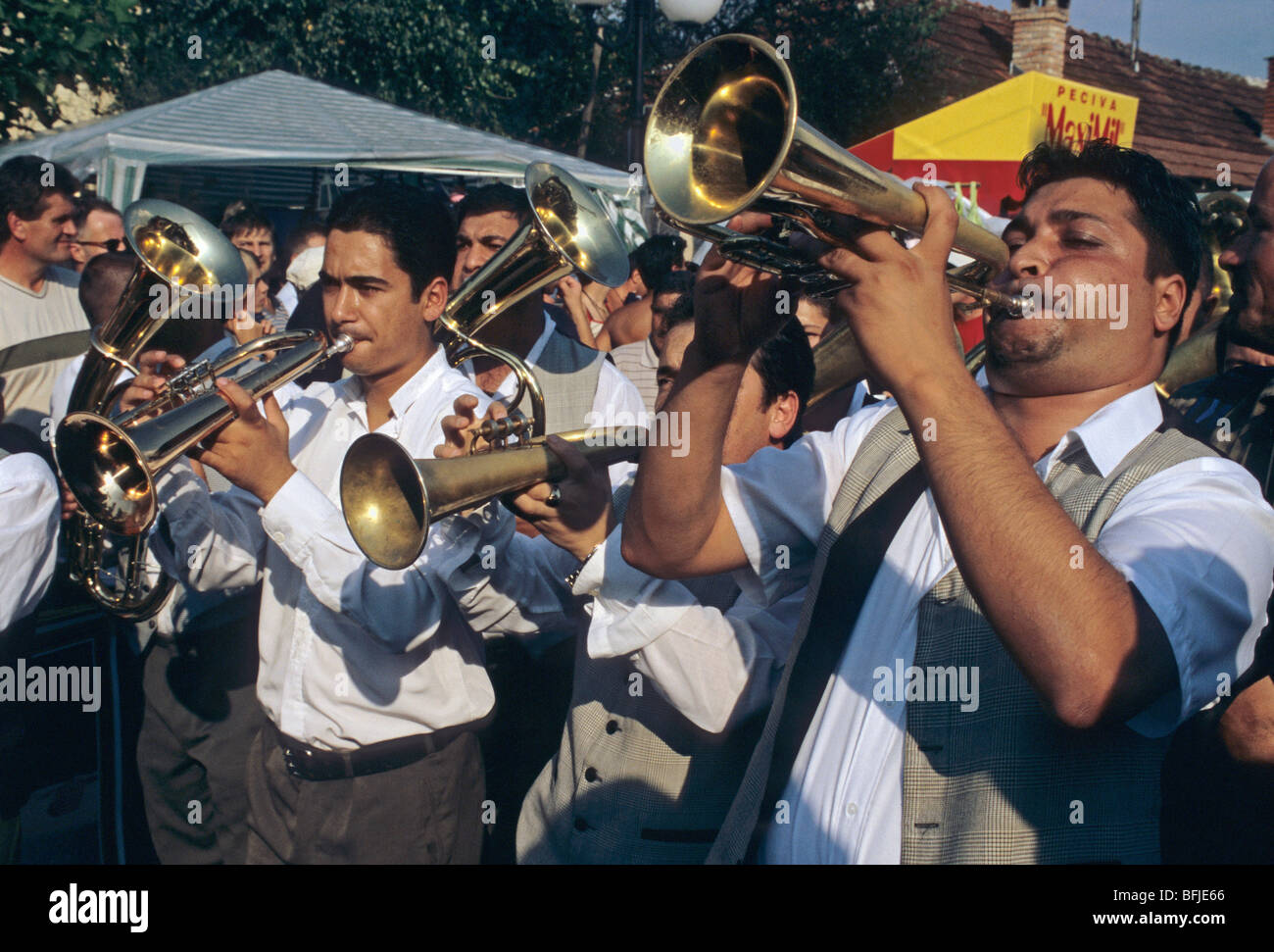 gipsies brass band parade playing in Guca Music Festival - Serbia Stock ...