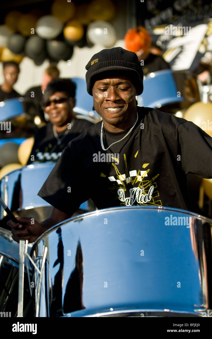 Band member from Real Steel Steelband playing steel drum at the Notting ...