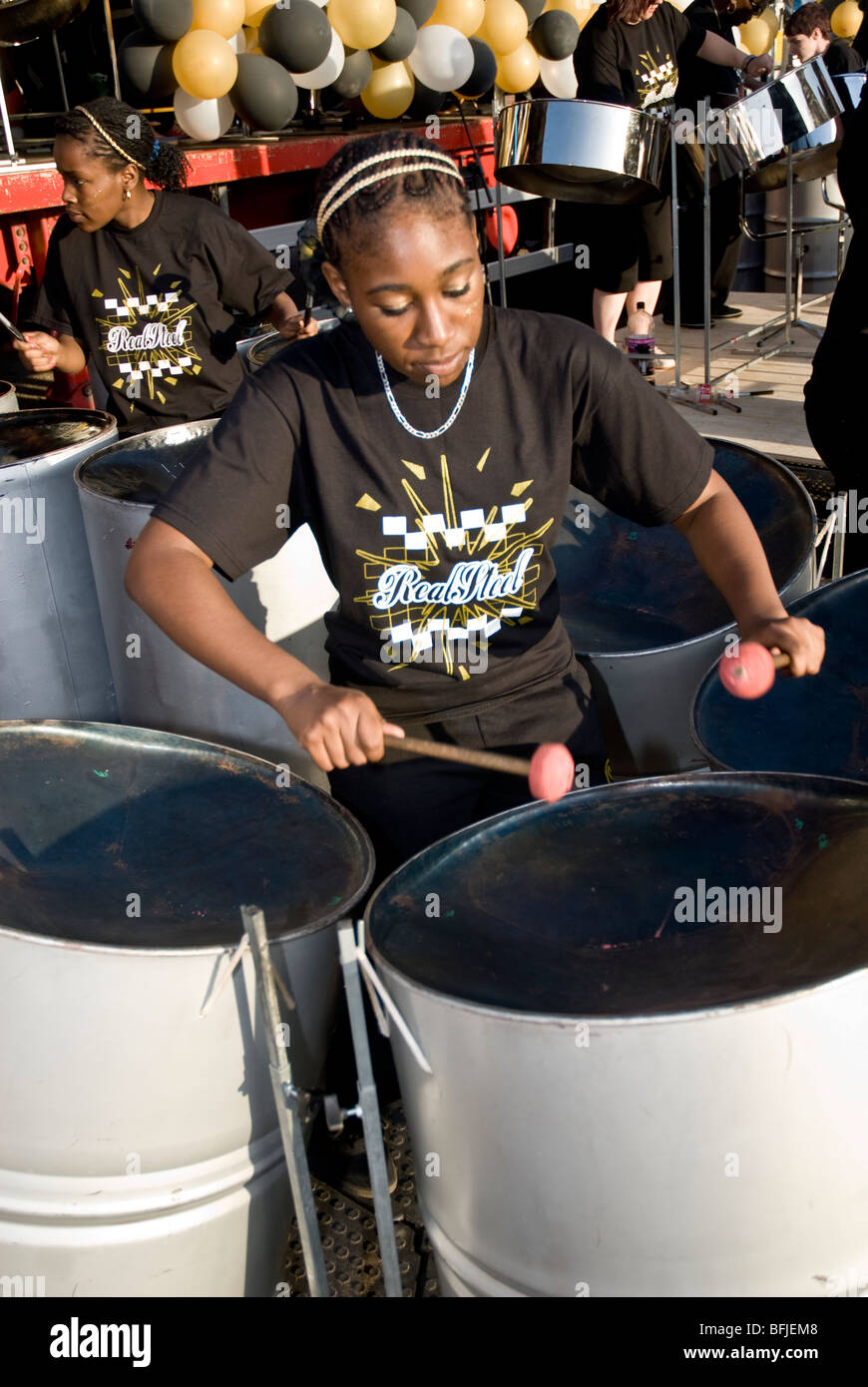 Band member from Real Steel Steelband playing steel drum at the Notting ...