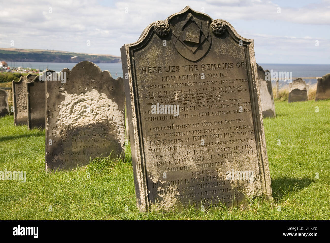 A headstone in the graveyard of St Mary's Church at Whitby in North ...