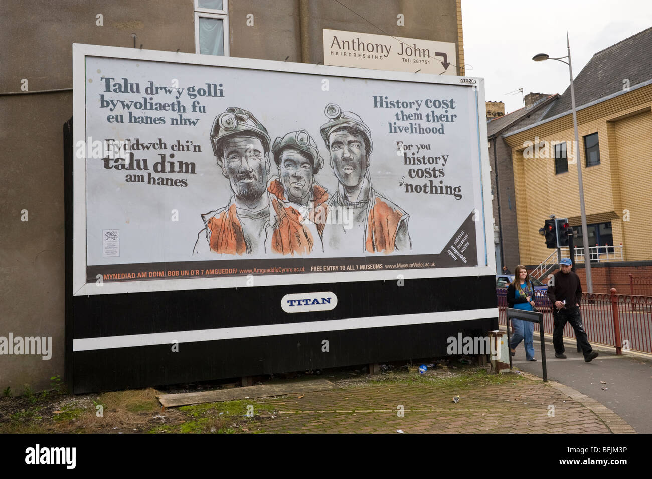 Titan bilingual Welsh English language billboard showing coal miners ...