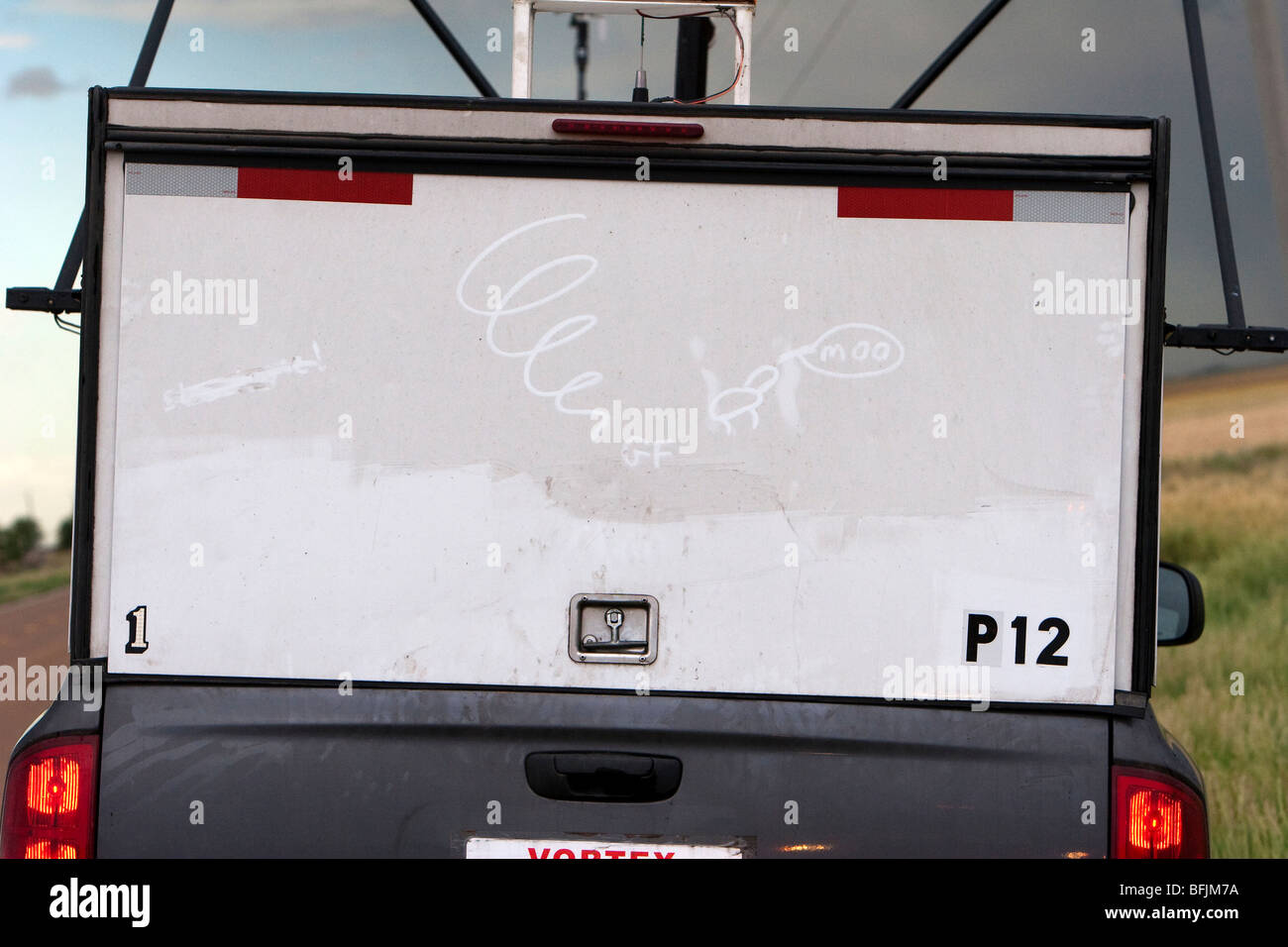 A message scrawled in the dirty back of one of the probe trucks of ...