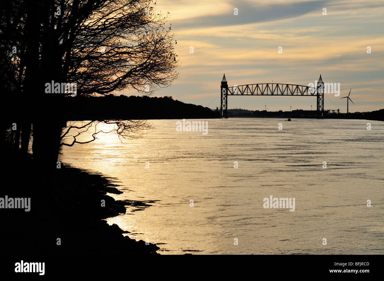 Sunset at the Cape Cod Canal with Railroad bridge in Bourne ...