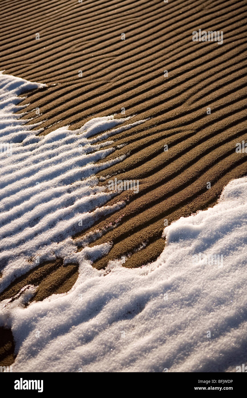 ripples in sand and snow on sand dune at Great Sand Dune National Park ...