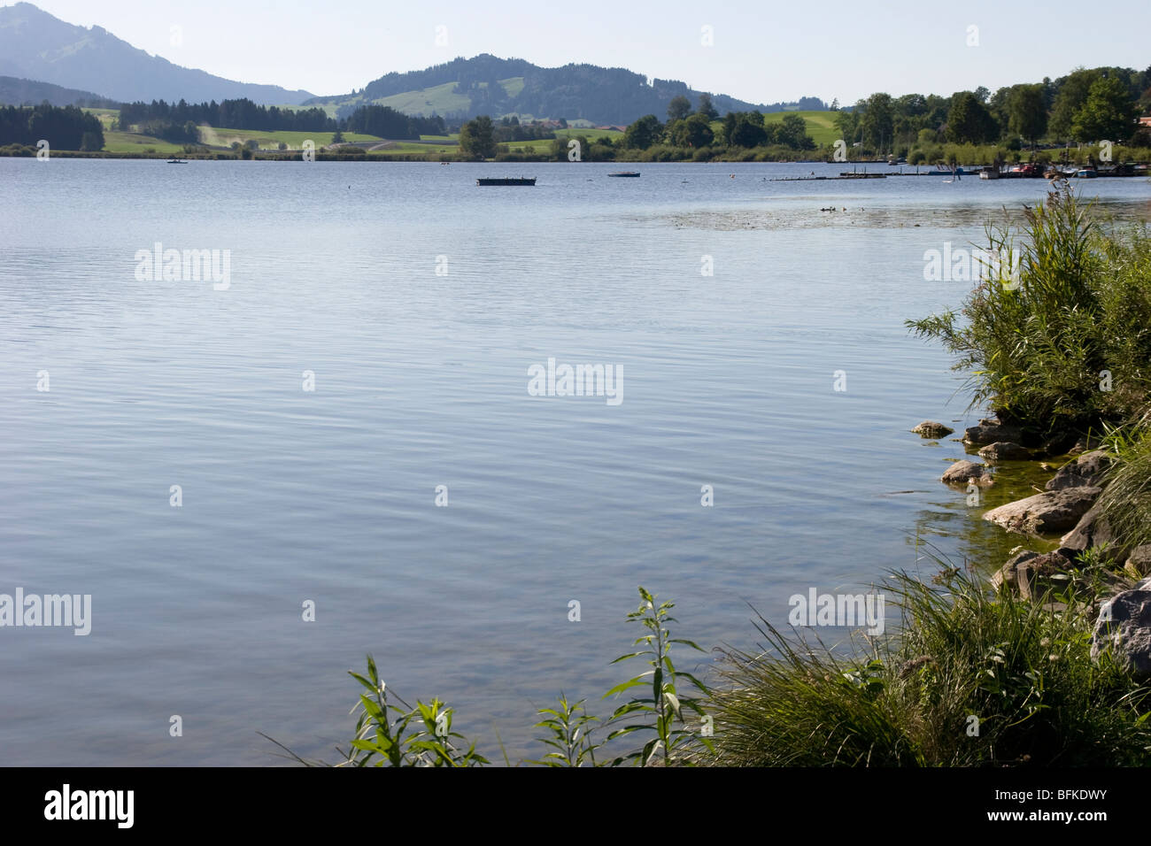 A peaceful view across the Hopfensee lake in southern Bavaria Germany ...