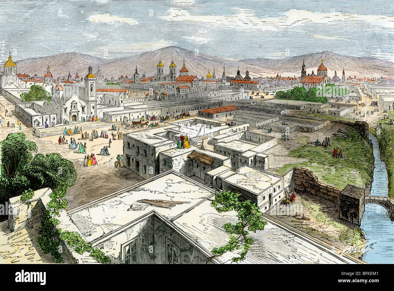 Central plaza of Mexico City in the mid-1800s. Hand-colored woodcut ...