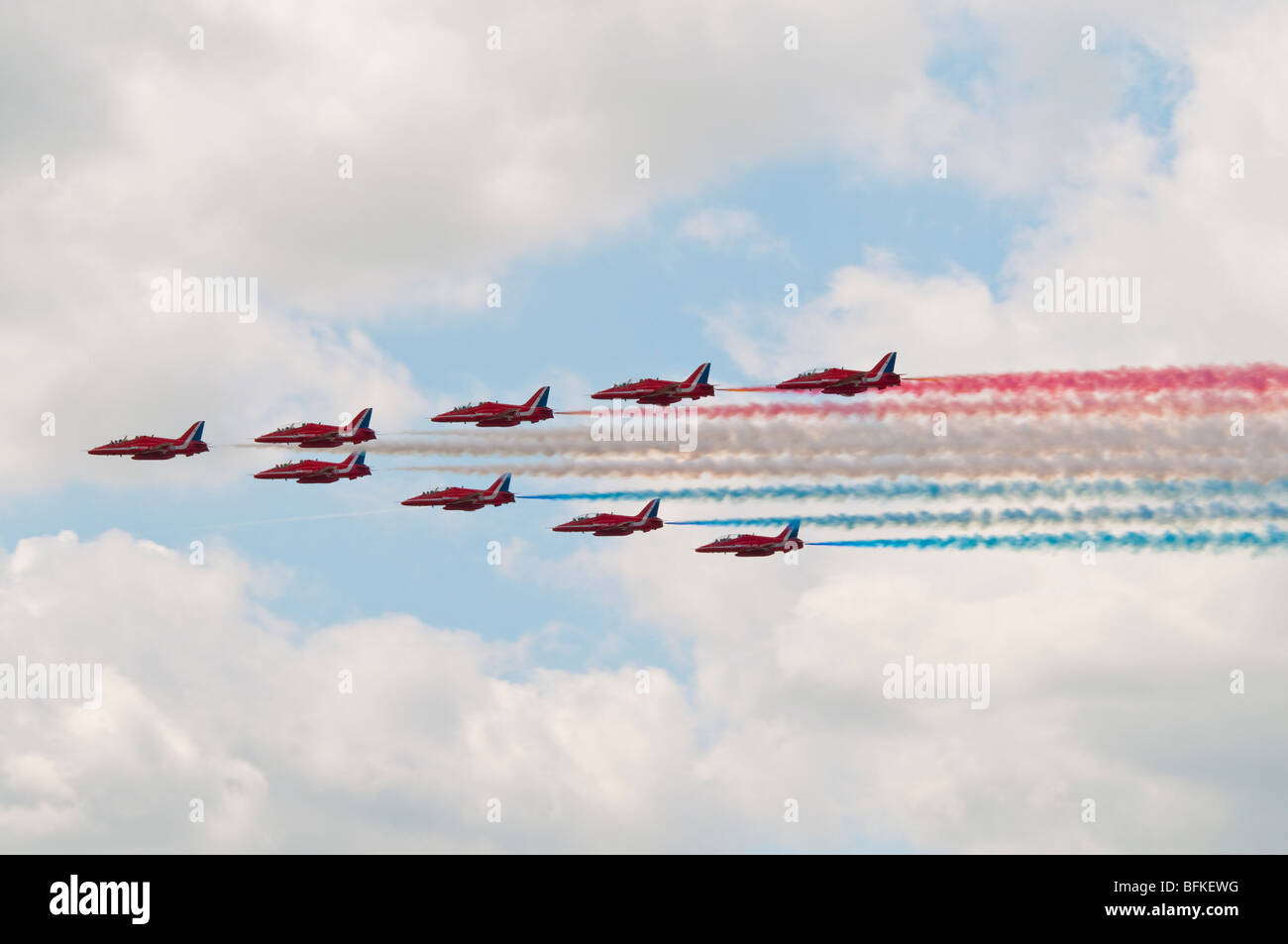 The Red Arrows aerobatic display team in formation during a level ...