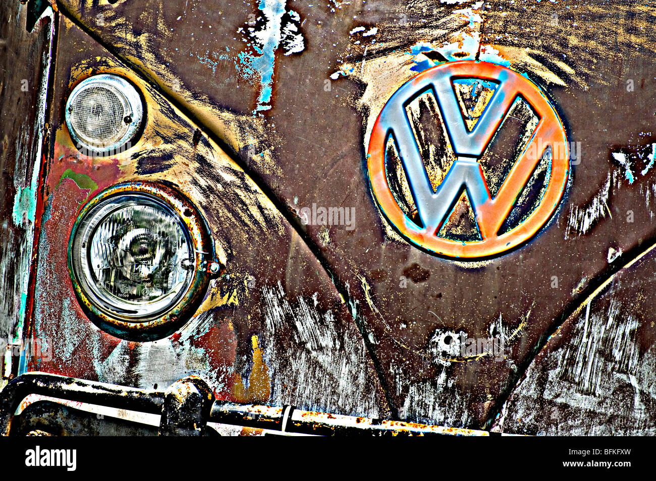 Close up detail on the front of a rusty old volkswagen camper van in ...
