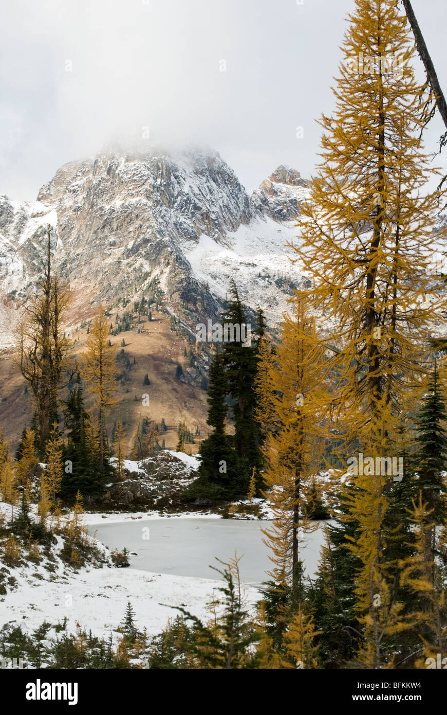 Fall color larches and a frozen tarn in Washington's North Cascades ...