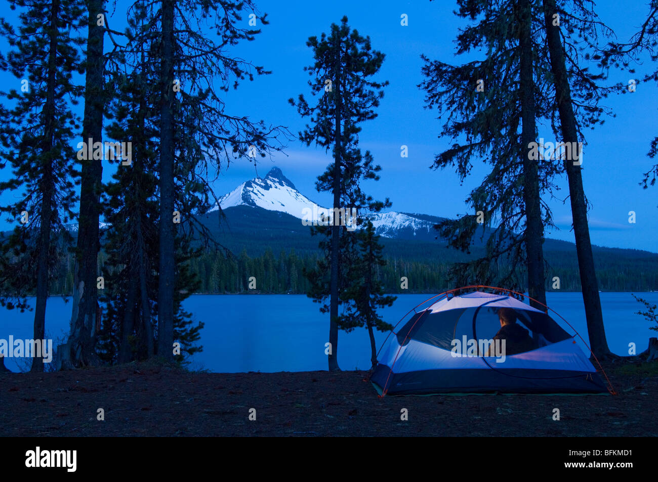 Camping at Big Lake with dusk view of Mount Washington; Cascade ...