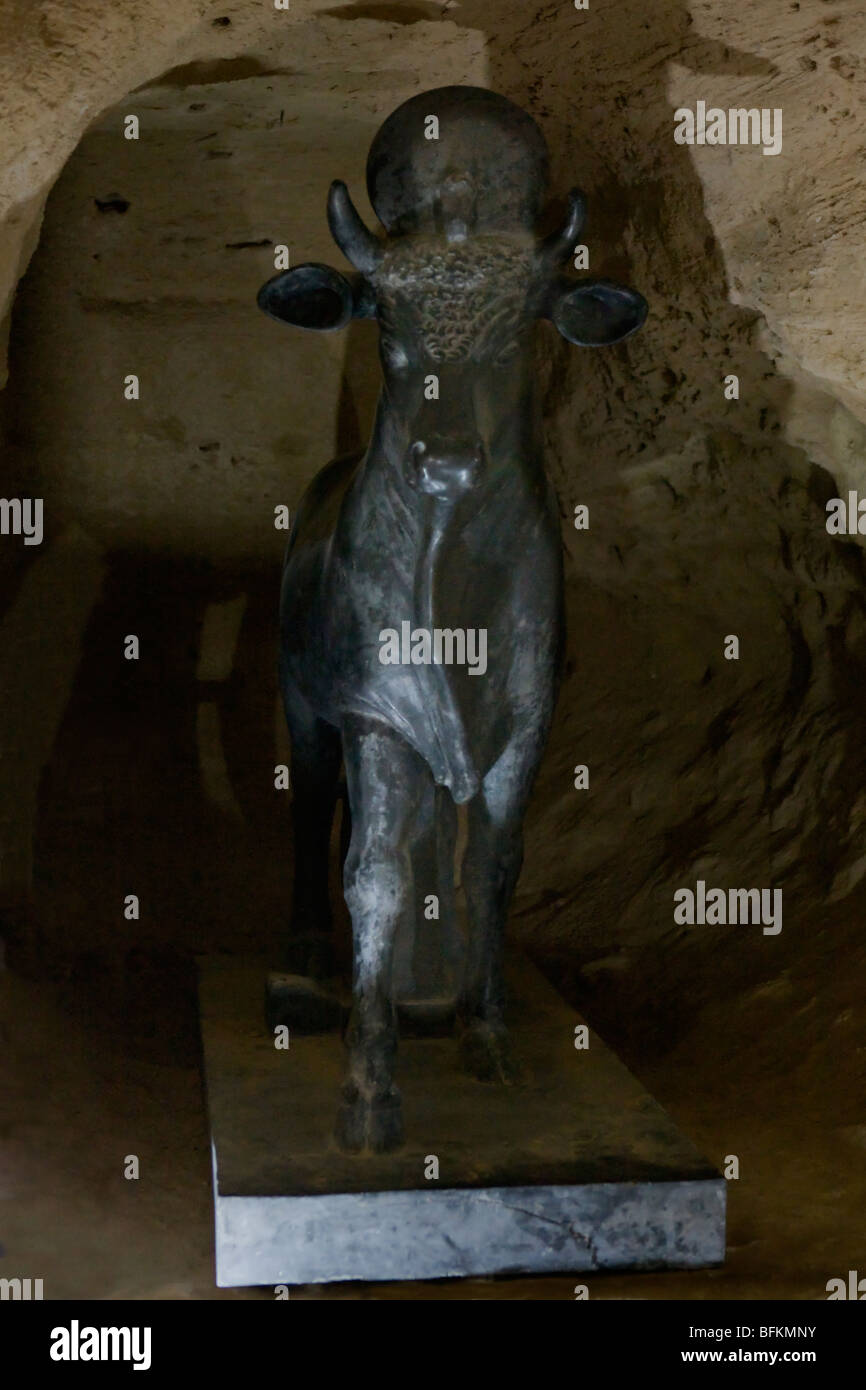 Replica statue of bull Apis in the Serapeum complex in the Karmous ...