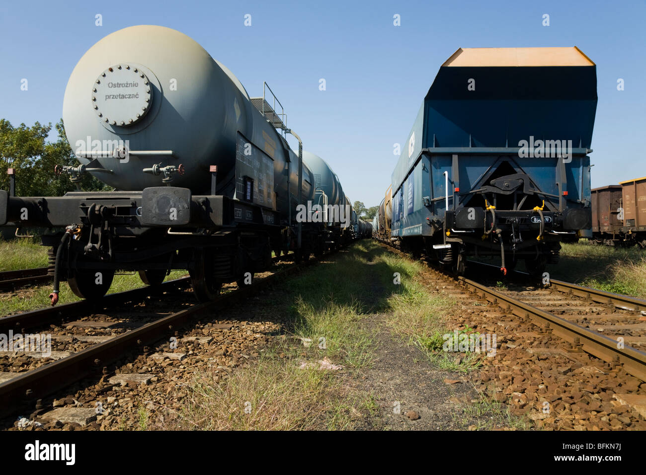 Freight railway wagons in sidings on the Polish railway in Poland Stock ...