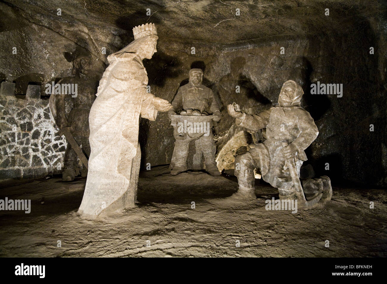 Carvings of figures in rock salt in the Janowice Chamber at the ...