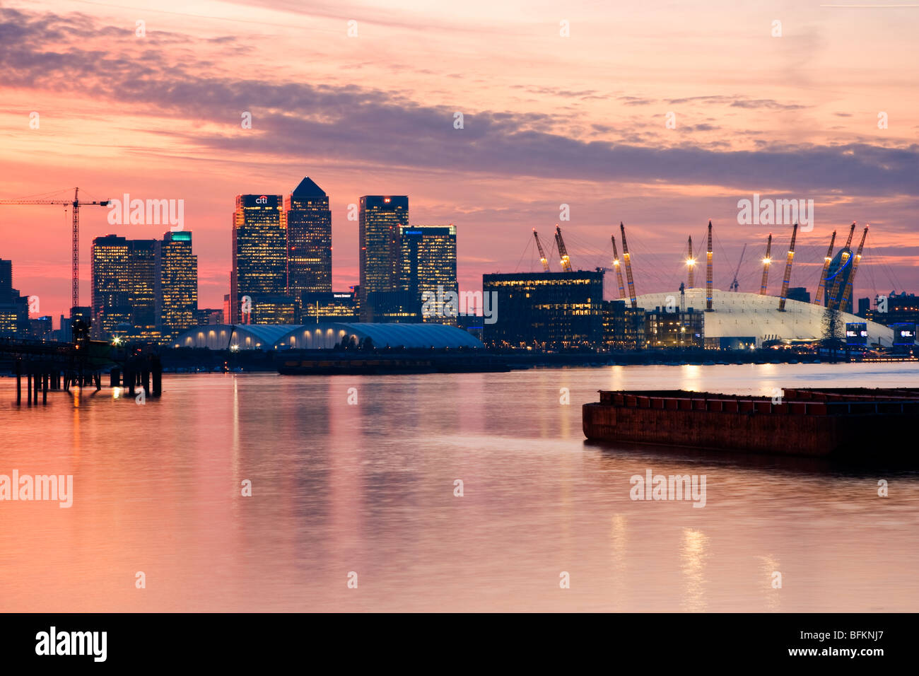 Dramatic pink sunset picture of Docklands and the Millenium Dome O2 ...