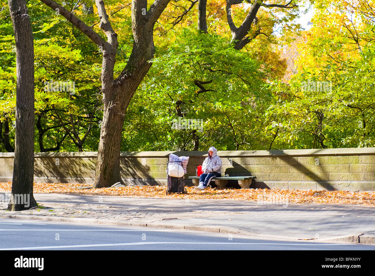 New York City , The Big Apple , Central Park , bag lady sitting on ...