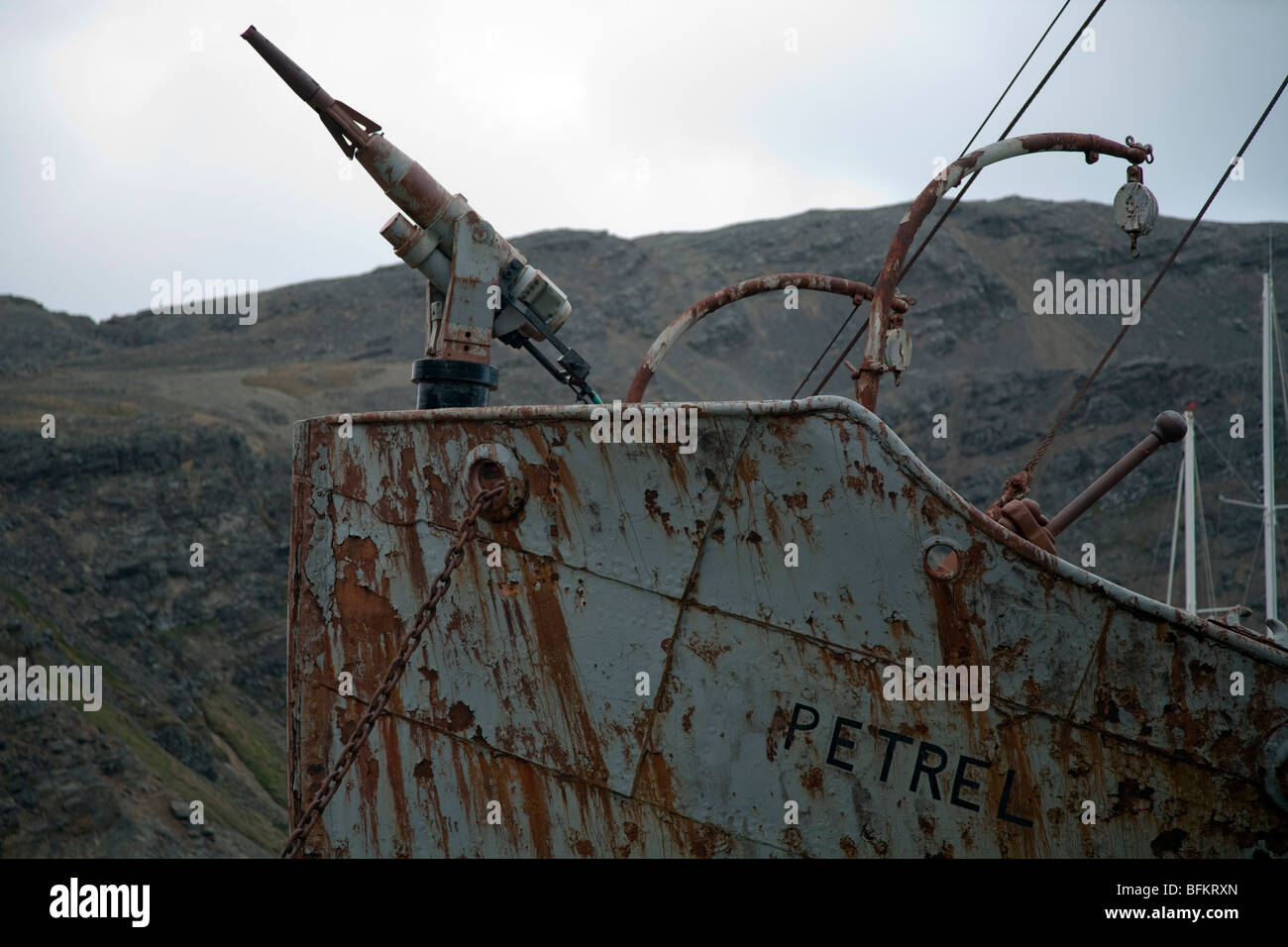 Harpoon gun on the beached wreck of the Petrel, Grytviken, South ...