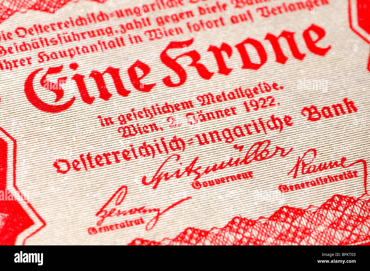 Austro-Hungarian One Crown (Eine Krone) Banknote, Vienna, 1922. Detail ...