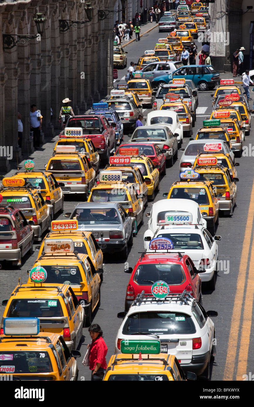 Yellow taxis of Arequipa, Peru, in a traffic jam Stock Photo - Alamy