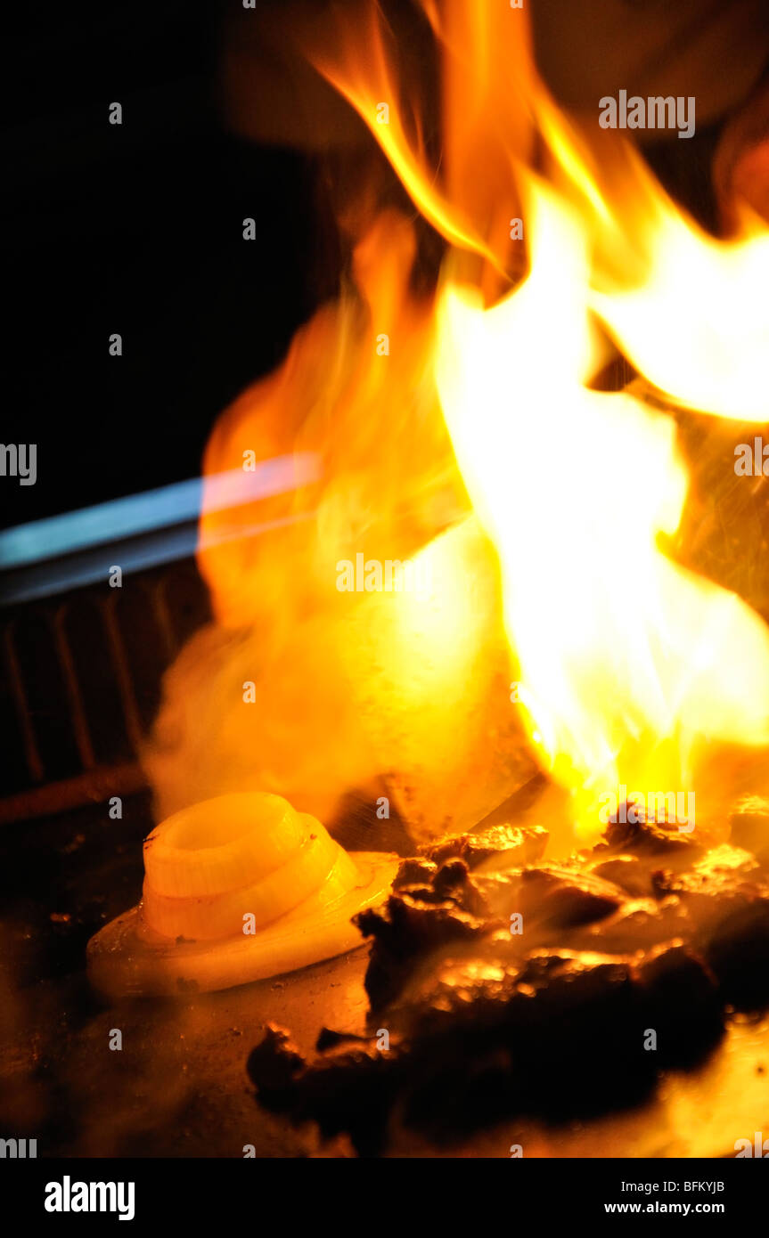 "Volcano fire" made of onion at Japanese Hibachi Grill restaurant Stock ...