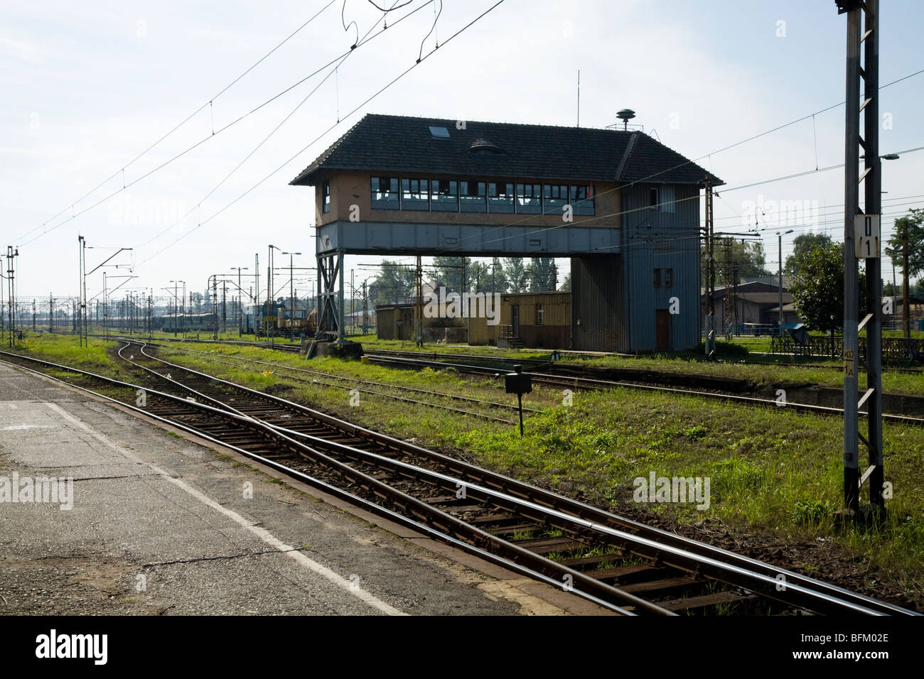 Signal box rail track just outside the railway station in the Polish ...
