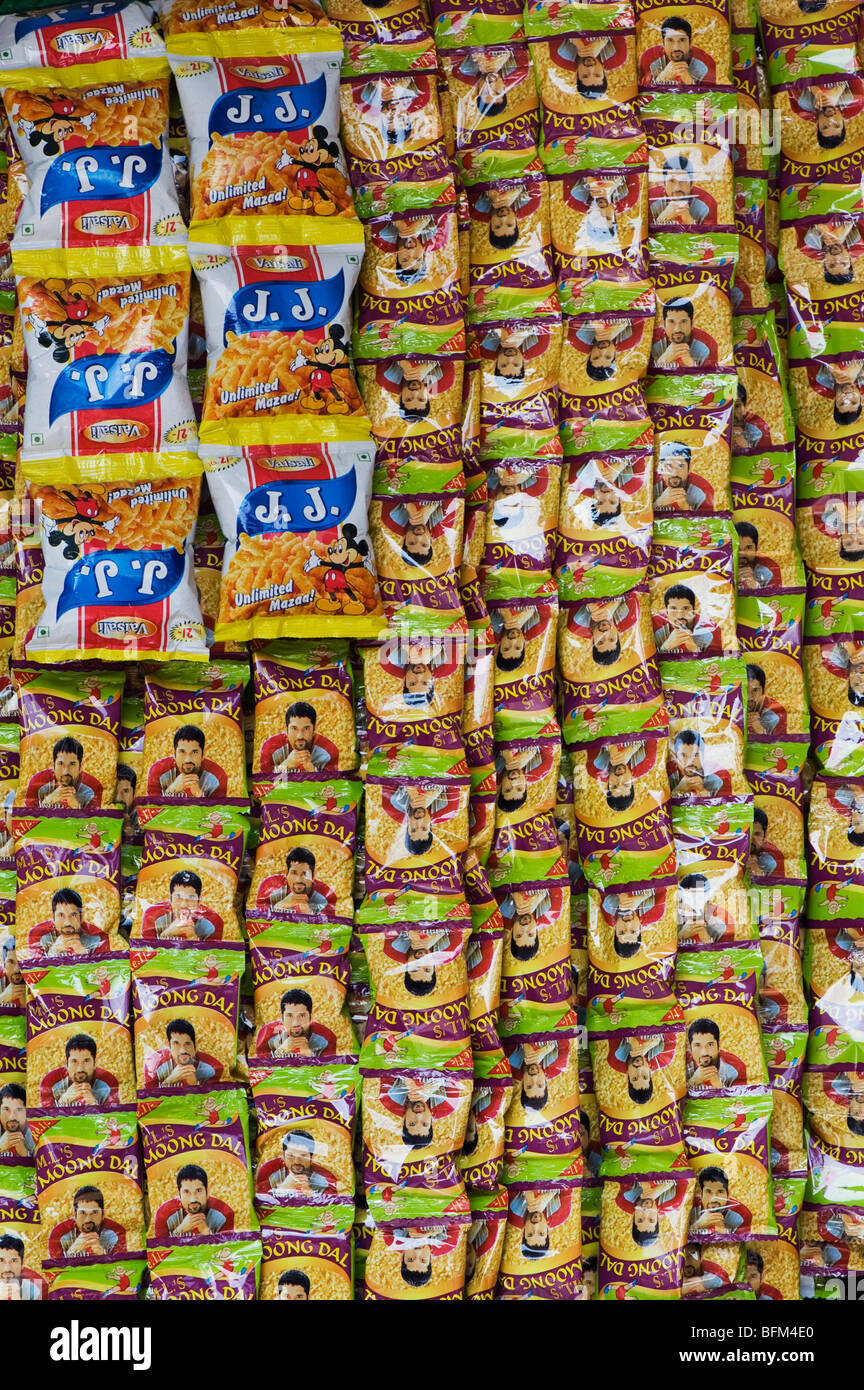 Single use Moong Dal packets hanging in an rural Indian shop. India ...