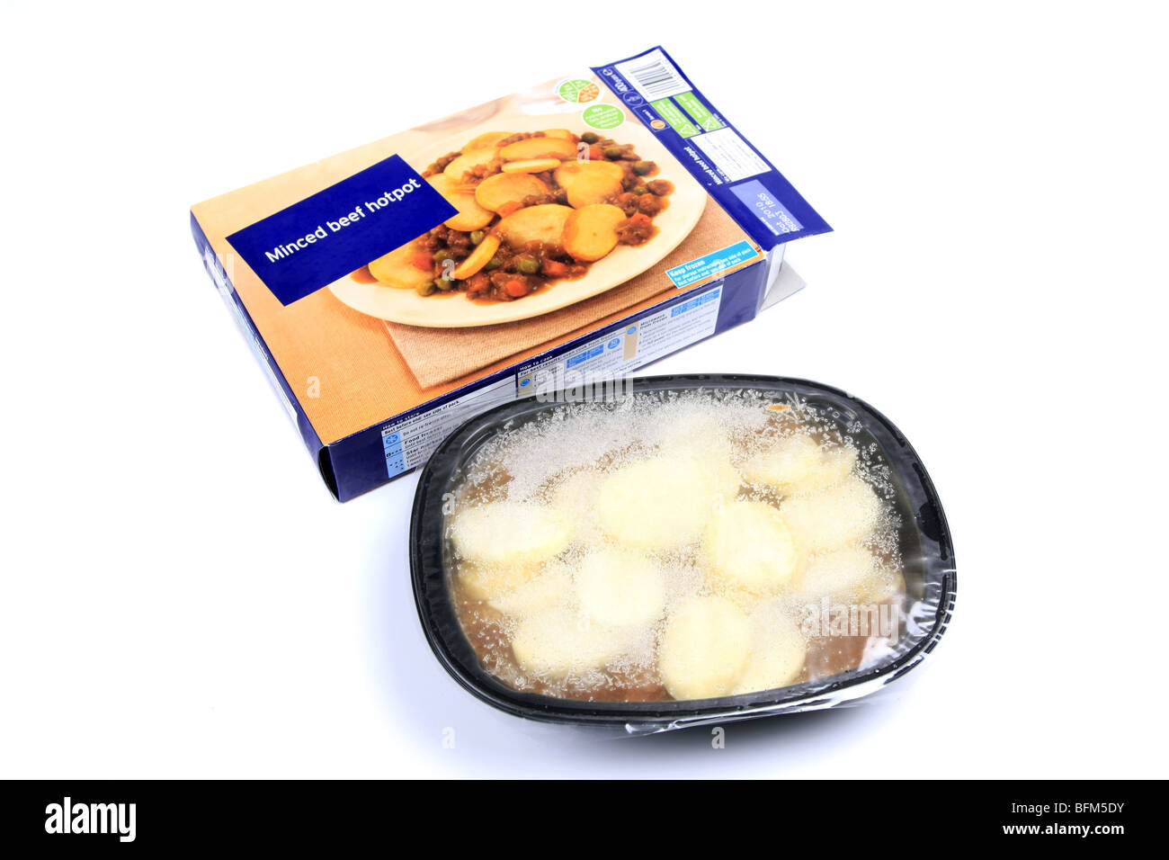 Frozen Minced Beef Hot Pot Ready Dinner cardboard packaging set against ...